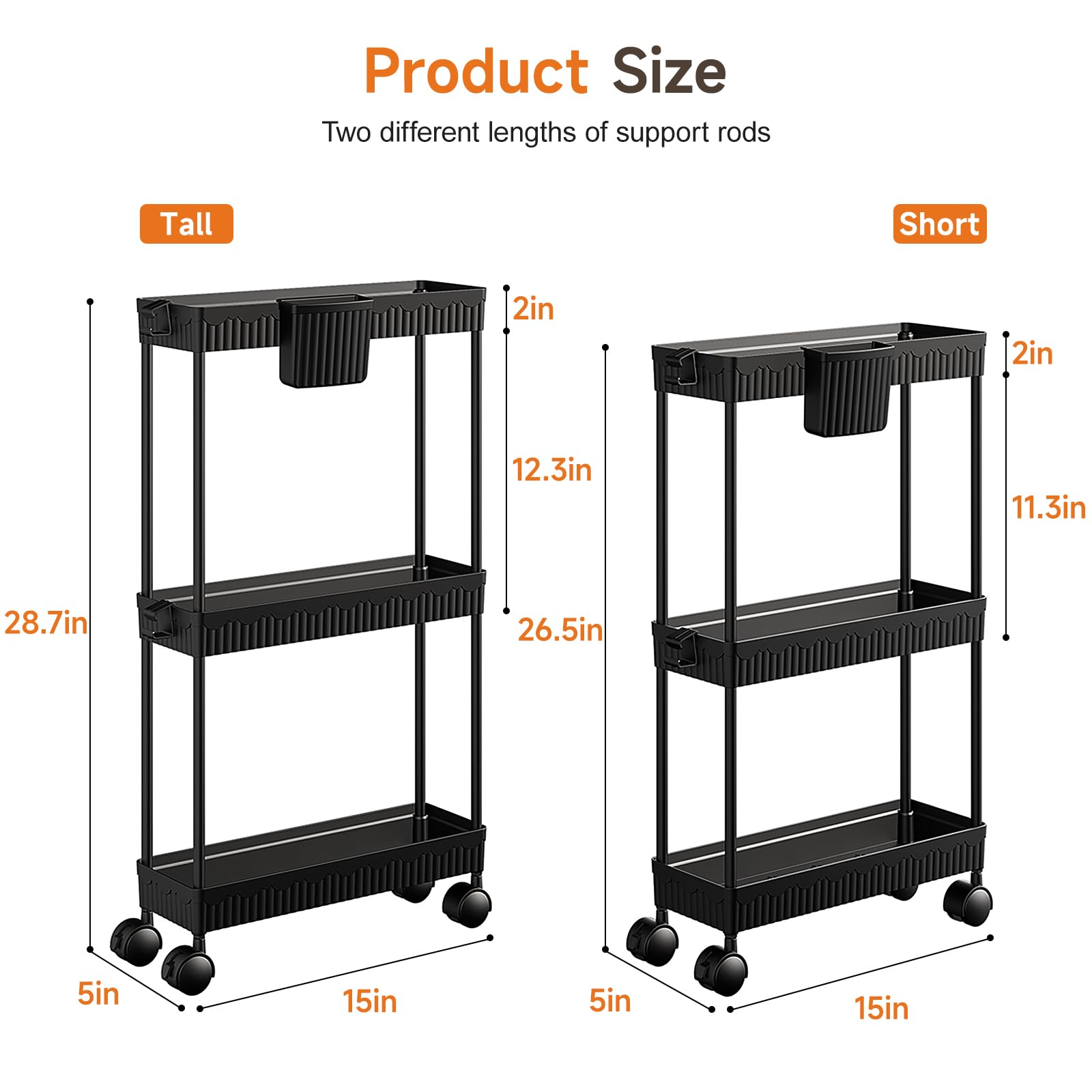 Sevenblue 2 Pack Slim Storage Rolling Cart with Wheels, 4 Tier Rolling Cart Bathroom Organizers and Storage, Utility Cart for Laundry Room Organization, Bathroom and Kitchen Narrow Places, Black