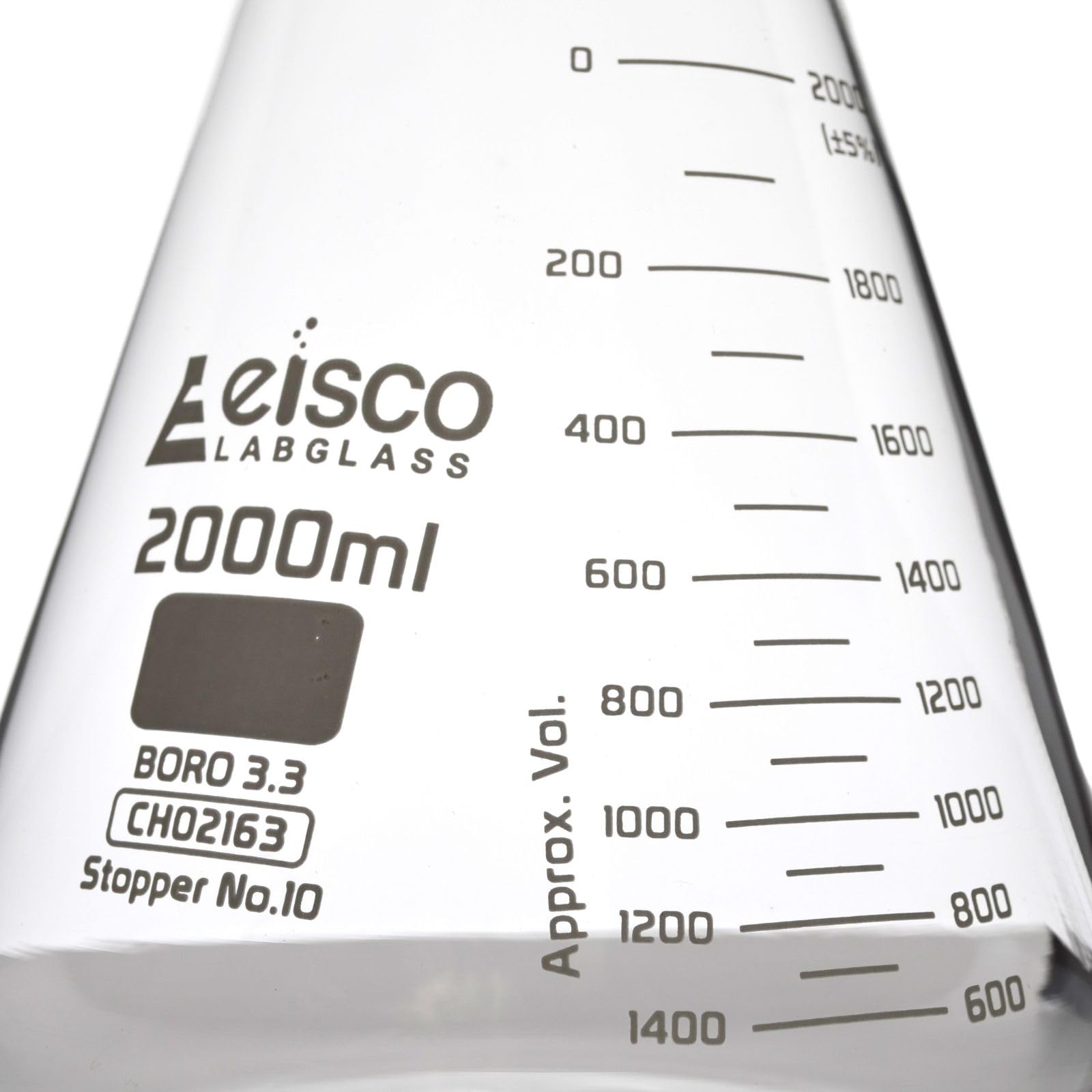 Erlenmeyer Flask, 2000mL - ASTM, Dual Graduated Scale - Borosilicate Glass - Narrow Neck Flask, Conical Flask, Glass Flask - Eisco Labs