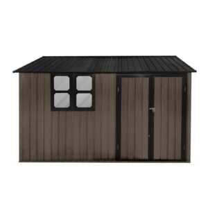 ACQCA 10FTx8FT Outdoor Metal Storage Garden Sheds with Window and Punched Vents,Galvanized Garden Gazebos Shed,w/Hinged Door & Padlock,for Storing Bicycles,Lawnmowers,Easy to Assemble,Brown