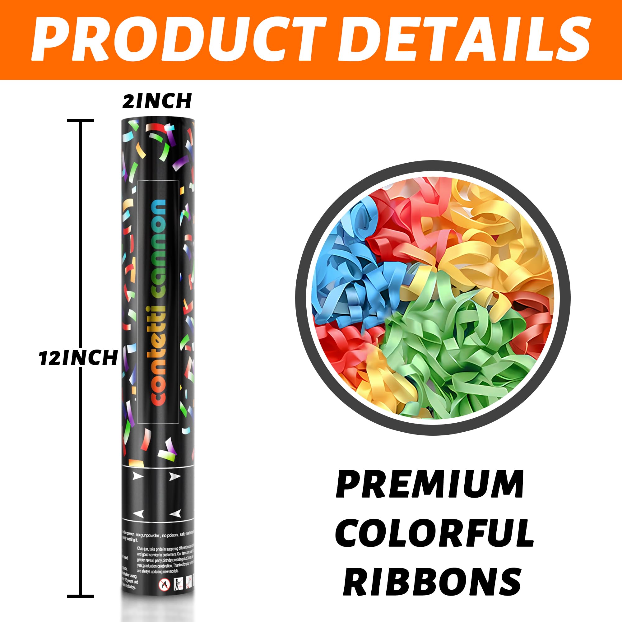 6 Pack Streamer Cannons Ribbon Poppers, Multicolor Streamers Ribbons, Party Poppers for Celebration, Birthday, Graduation, Wedding, New Years Eve (12inch)