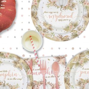 MEHOFOND Boho Fall Pumpkin Baby Shower Decorations Bohemia Floral Little Pumpkin Party Supplies Disposable Tableware Set 195 Pcs Plates Napkins Banners Plastic Tablecloth for Baby Shower Kids Party