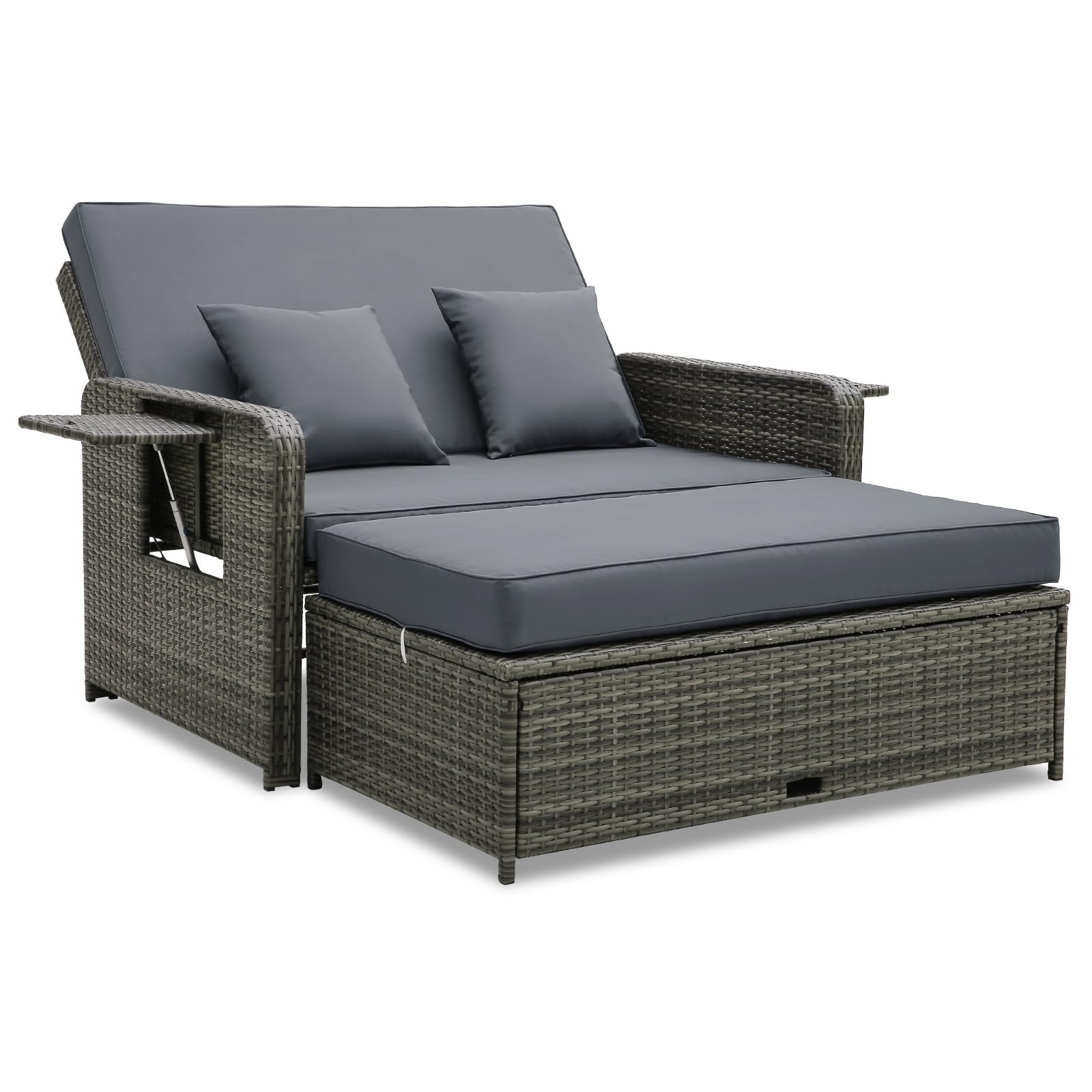 RELAX4LIFE Wicker Patio Outdoor Daybed - Rattan Day Bed Lounger with Loveseat & Storage Ottoman, Sunbed Sofa Set w/Cushions, 4-Level Adjustable Backrest & 2 Retractable Trays, Patio Daybed (Grey)