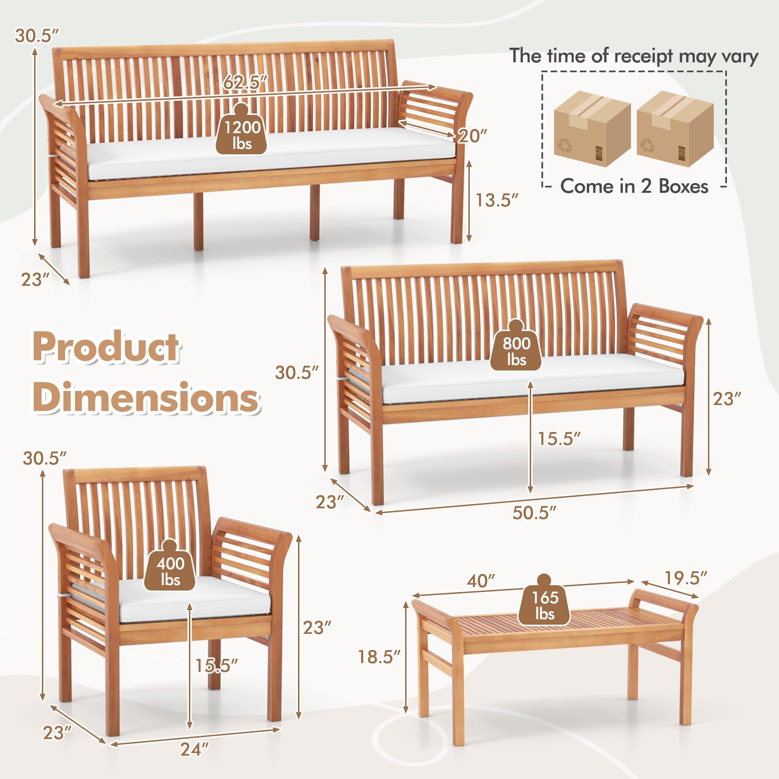 Tangkula 5 Piece Patio Furniture Set, Acacia Wood Conversation Set with 3-Seat Bench, Loveseat, 2 Armchairs & Coffee Table, Cushioned Outdoor Chair Set for Porch, Balcony (Off White)