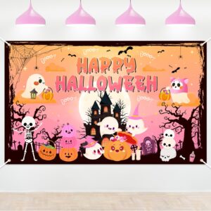 lecheme happy halloween backdrop orange pink halloween backdrop for kids cute ghost pumpkin spooky castle halloween banner halloween photo booth background