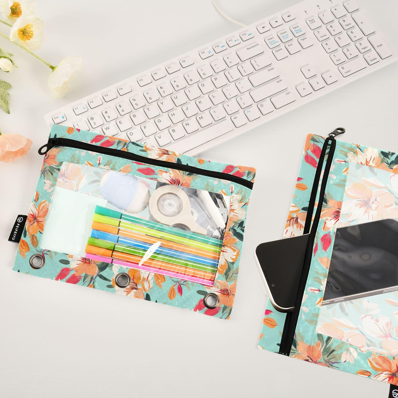 Watercolor Floral Flowers Pencil Pouch for 3 Ring Binder Pencil Bag Bags with Zipper Clear Pencil Case Pouch Cute Pen Pencil Pouch Cases for College Kit Office Supplies 2 Pack