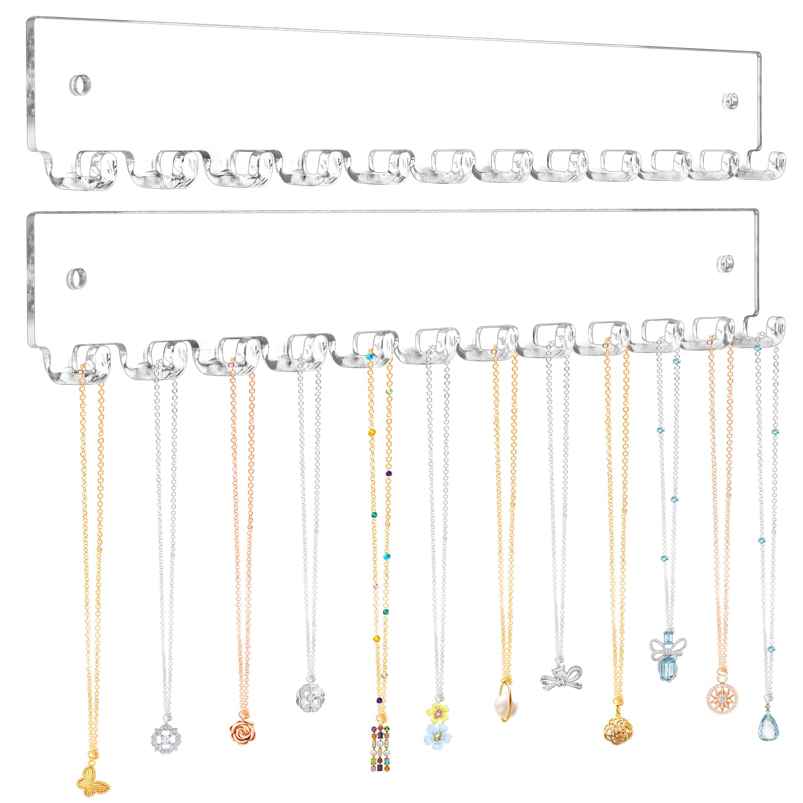 milylove Acrylic Necklace Holder 2 Pack Wall Mounted Necklace Organizer Hanging Jewelry Organizer with 12 Hooks for Necklaces, Bracelets, Rings and Bangles Display