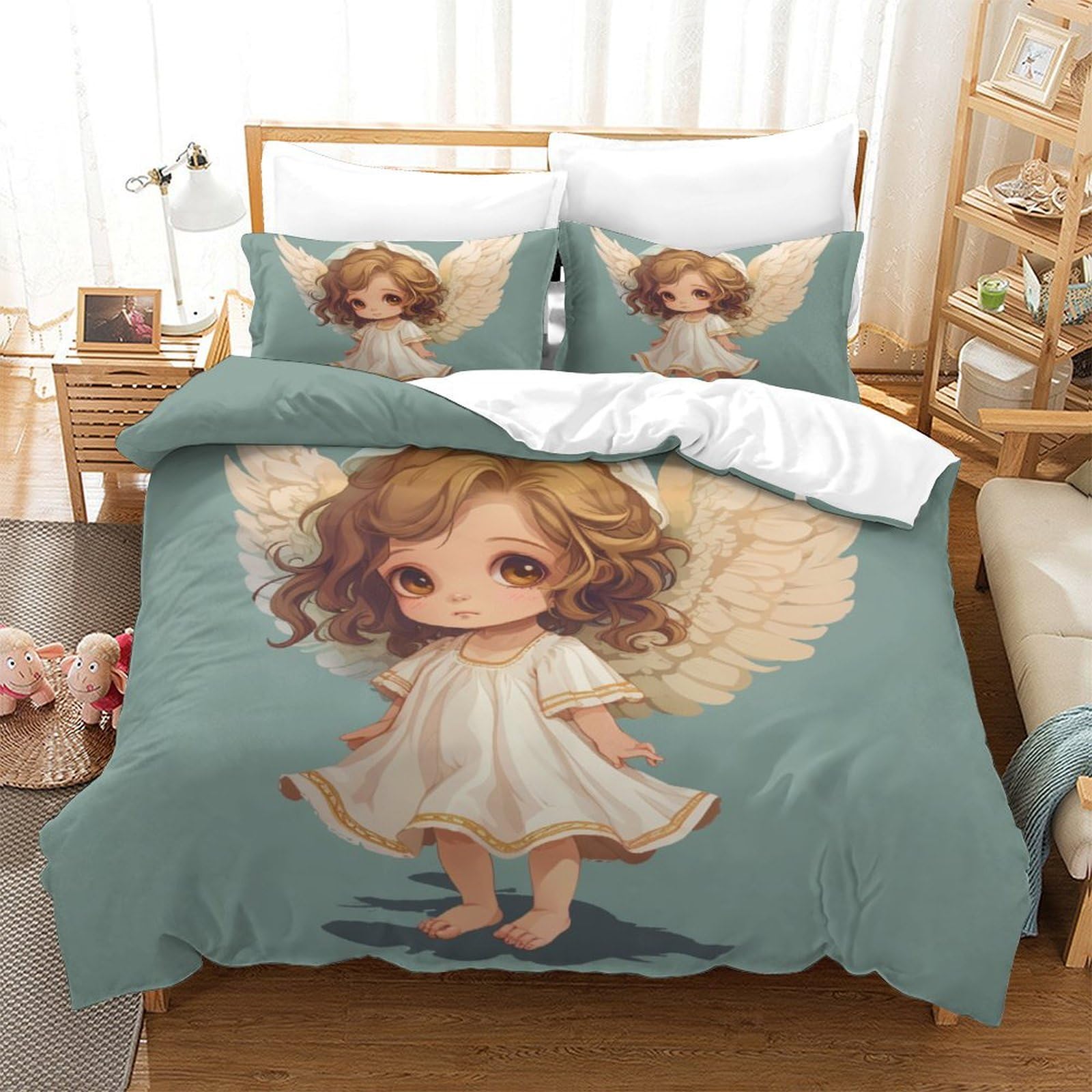 SorEci Angel with Wings Comforter Covers 3D Printed Cute Style Duvet Cover Quilt Cover Bedding Set Microfiber for Childrens and Adults with Pillowcases 3 Pieces with Zipper Closure Queen（228x228cm）