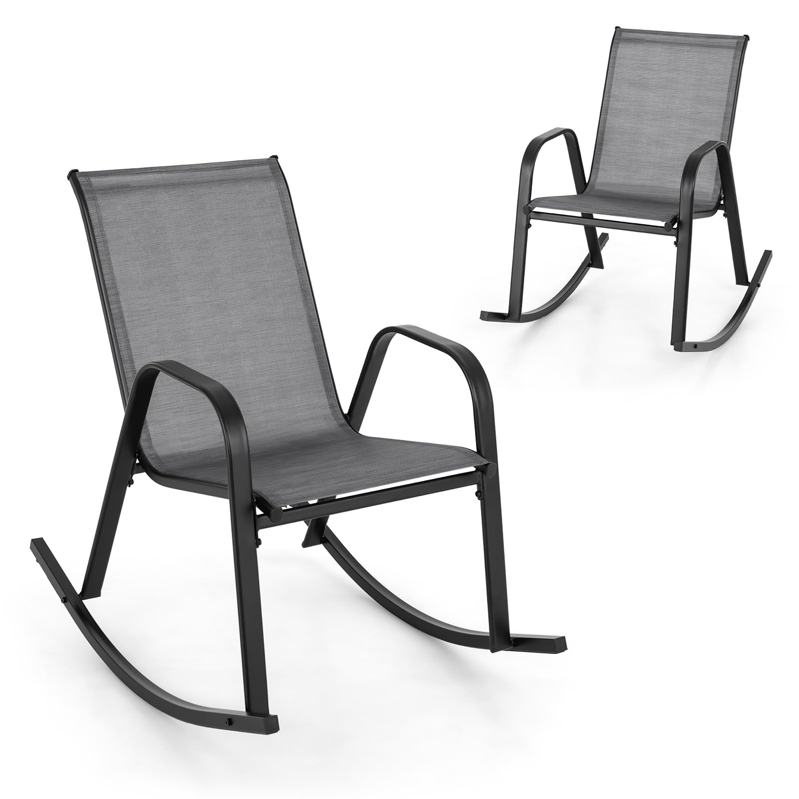 Giantex Outdoor Rocking Chairs Set of 2, Patio Rocking Chairs w/Breathable Seat & Back, Heavy-Duty Metal Support, Ergonomic Outside Rocker for Backyard, Poolside, Garden (1, Grey)