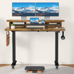 Flycity Electric Standing Desk with Dual Monitor Stand, Height Adjustable Desk Sit Stand Desk with Memory Controller, Casters & 2 Hooks, Low Noise Home Office Desk (Rustic Brown, 48" x 24")