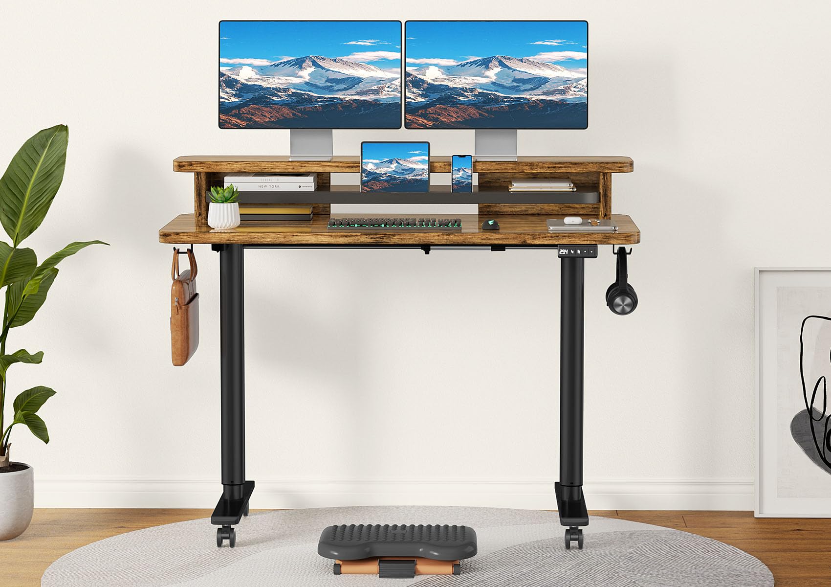 Flycity Electric Standing Desk with Dual Monitor Stand, Height Adjustable Desk Sit Stand Desk with Memory Controller, Casters & 2 Hooks, Low Noise Home Office Desk (Rustic Brown, 48" x 24")