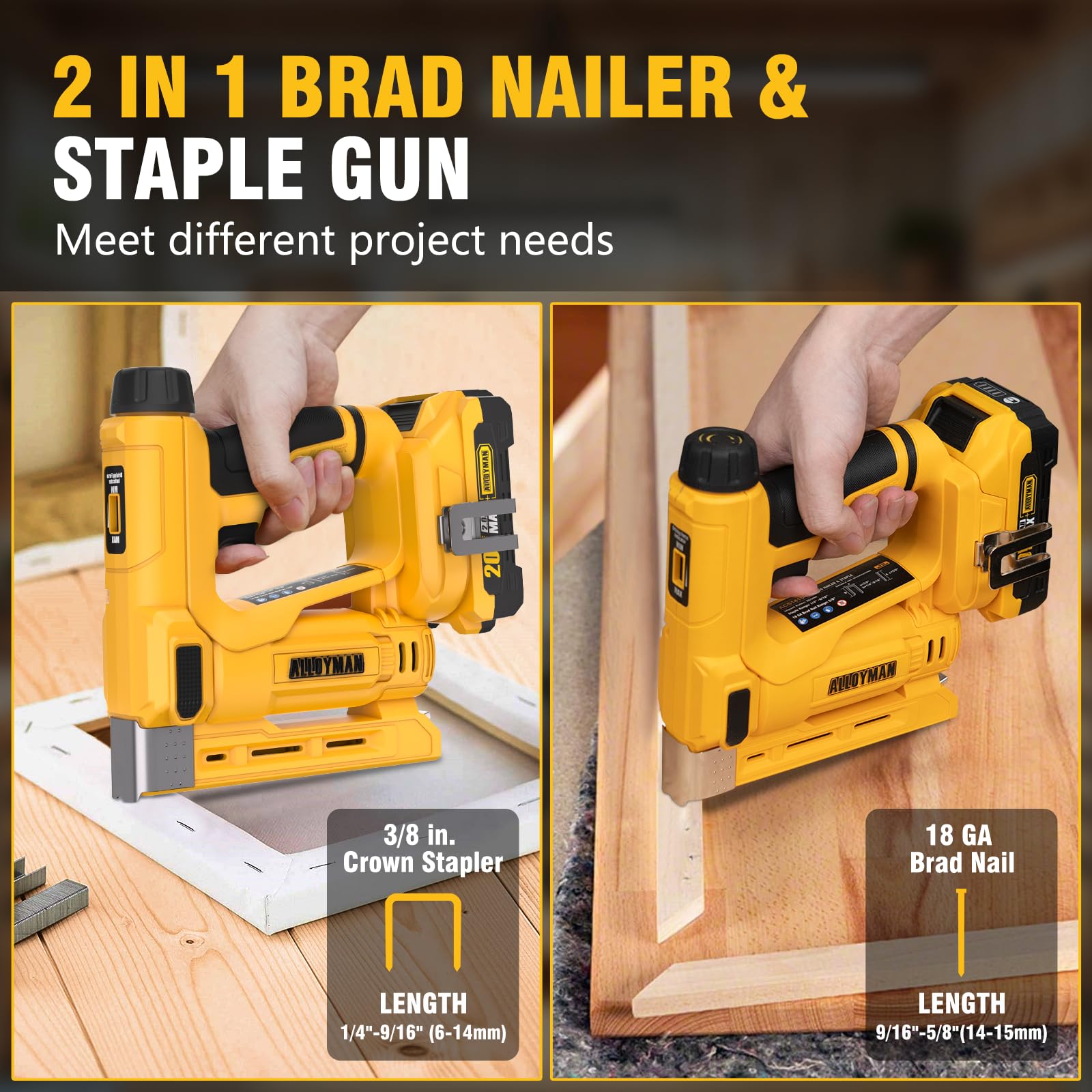 Alloyman 3/8''Crown Stapler, 18 Gauge 2 in 1 Cordless Brad Nailer/Electric Stapler with 2.0AH Battery & Charger, Nail Gun Battery Powered with 2,000PCS Staples and Nails for Upholstery & Family DIY