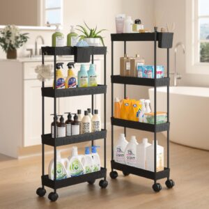 sevenblue 2 pack slim storage rolling cart with wheels, 4 tier rolling cart bathroom organizers and storage, utility cart for laundry room organization, bathroom and kitchen narrow places, black