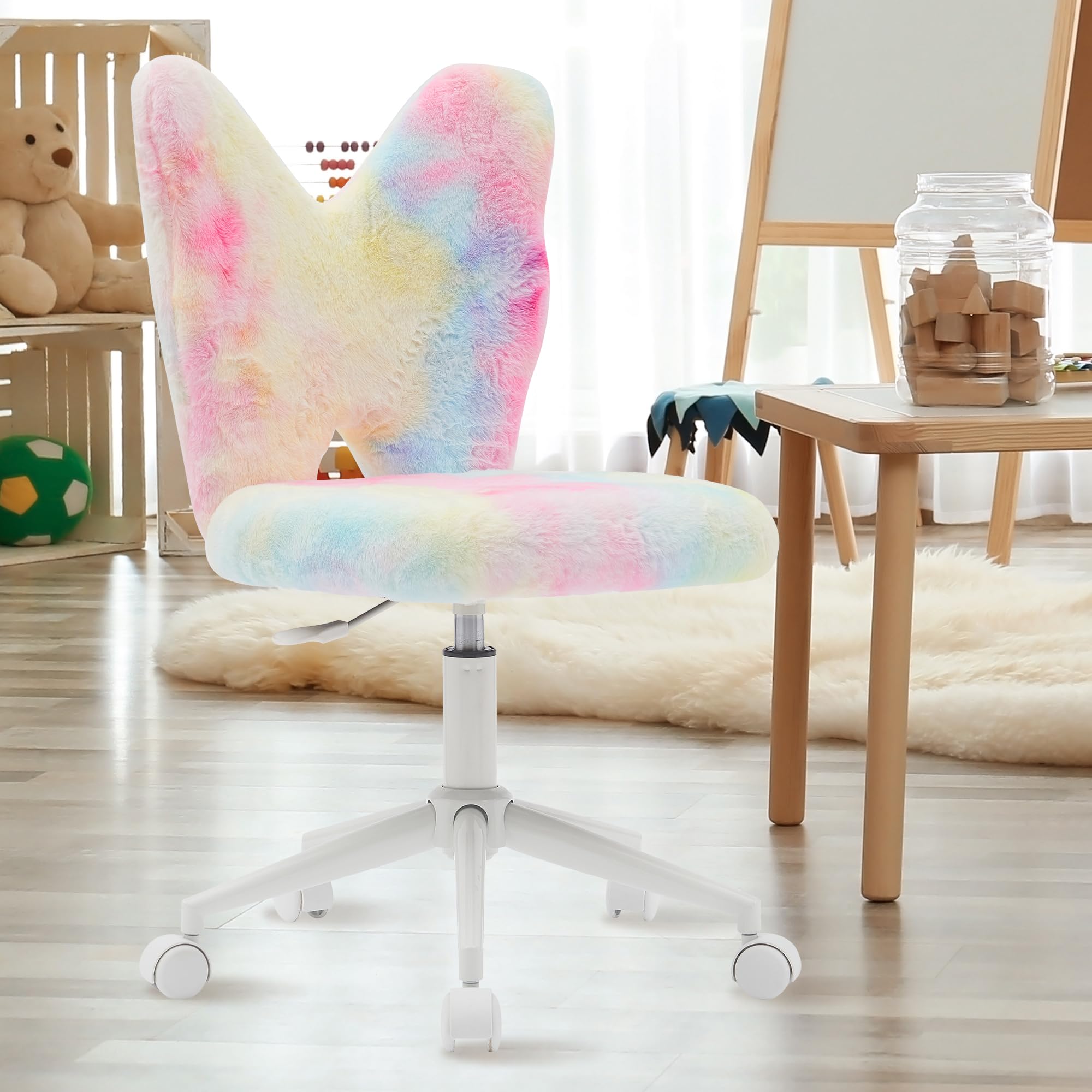 HONIFUR Kids Desk Chair, Adjustable Comfy Swivel Computer Chair with Wheels for Kids & Fuzzy Butterfly Shaped Back, Cute Girls Students Vanity Chair for Bedroom/Study