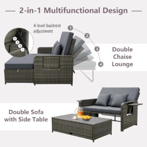 RELAX4LIFE Wicker Patio Outdoor Daybed - Rattan Day Bed Lounger with Loveseat & Storage Ottoman, Sunbed Sofa Set w/Cushions, 4-Level Adjustable Backrest & 2 Retractable Trays, Patio Daybed (Grey)