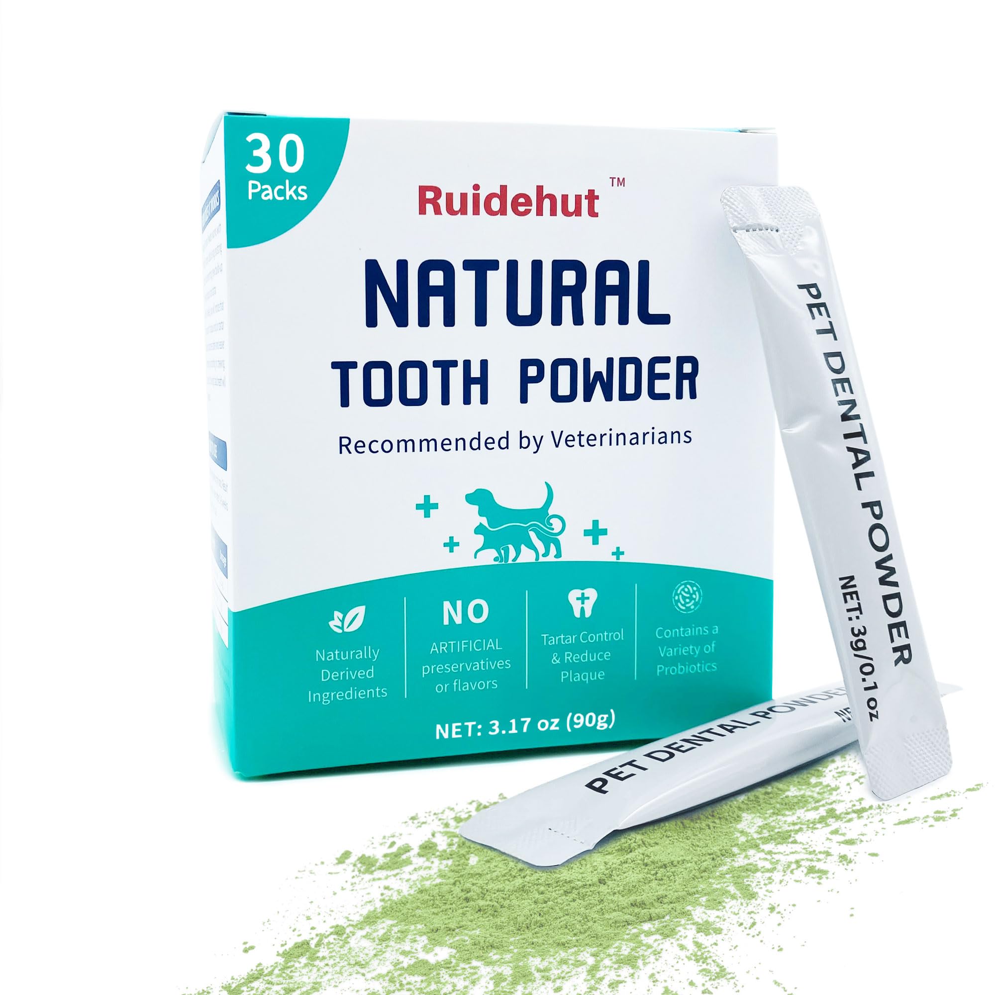 Ruidehut Dog Teeth Cleaning Dental Powder - Plaque and Tartar Removal - Clean Teeth, Freshen Breath - Contains probiotics - Advanced Dental Care for Dogs and Cats - 30 Packs (90g)