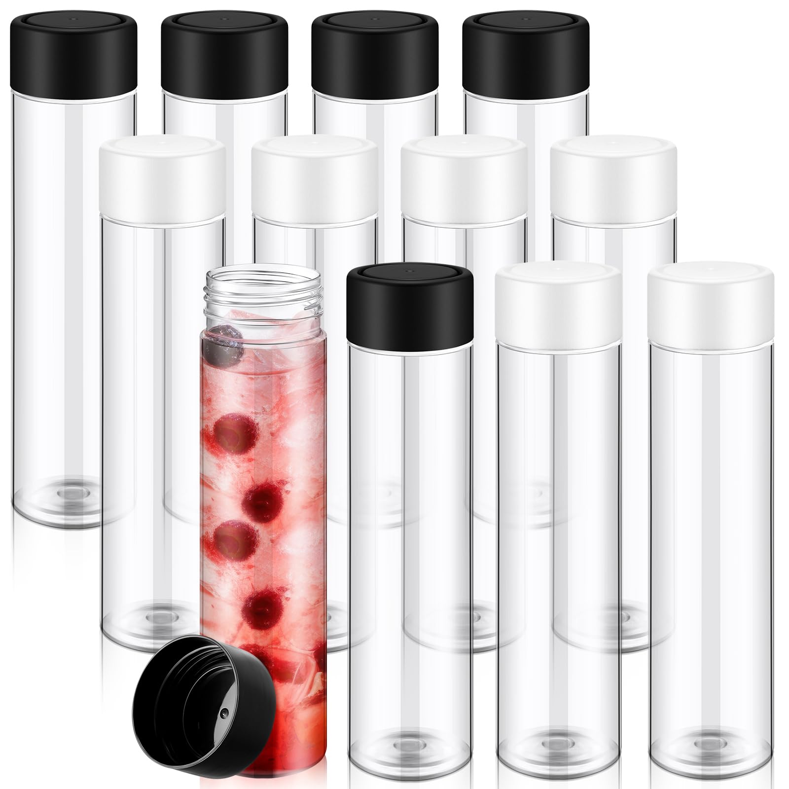 Lallisa 12 Pcs 13.5 oz Plastic Juice Bottles with Caps Clear Juice Containers Reusable Empty Sensory Bottles with Black and White Lids for Drink Smoothie Water Milk Beverage Crafts