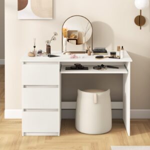 Giantex White Computer Desk with Power Outlet, Modern Office Desk with Keyboard Tray & 3 Large Drawers, 42" Writing Desk Vanity Table with Type-C & USB Ports for Bedroom, White