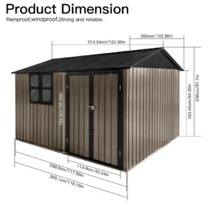 ACQCA 10FTx8FT Outdoor Metal Storage Garden Sheds with Window and Punched Vents,Galvanized Garden Gazebos Shed,w/Hinged Door & Padlock,for Storing Bicycles,Lawnmowers,Easy to Assemble,Brown