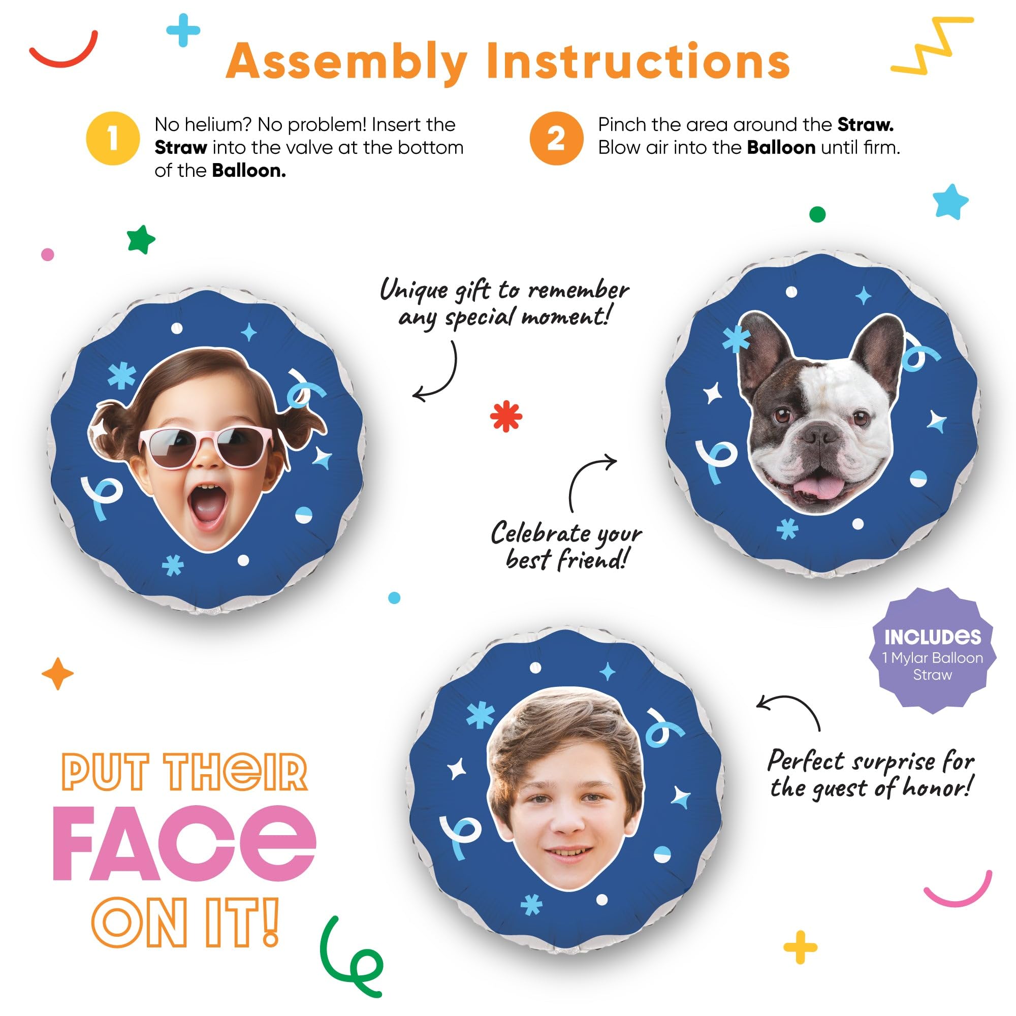 Big Dot of Happiness Personalized Fun Face Photo Blue Balloons, Custom Birthday Balloons, Boy Baby Shower Decorations, Bachelorette Party Decor, Bridal Shower, Double-Sided Mylar Balloon, 1 Piece