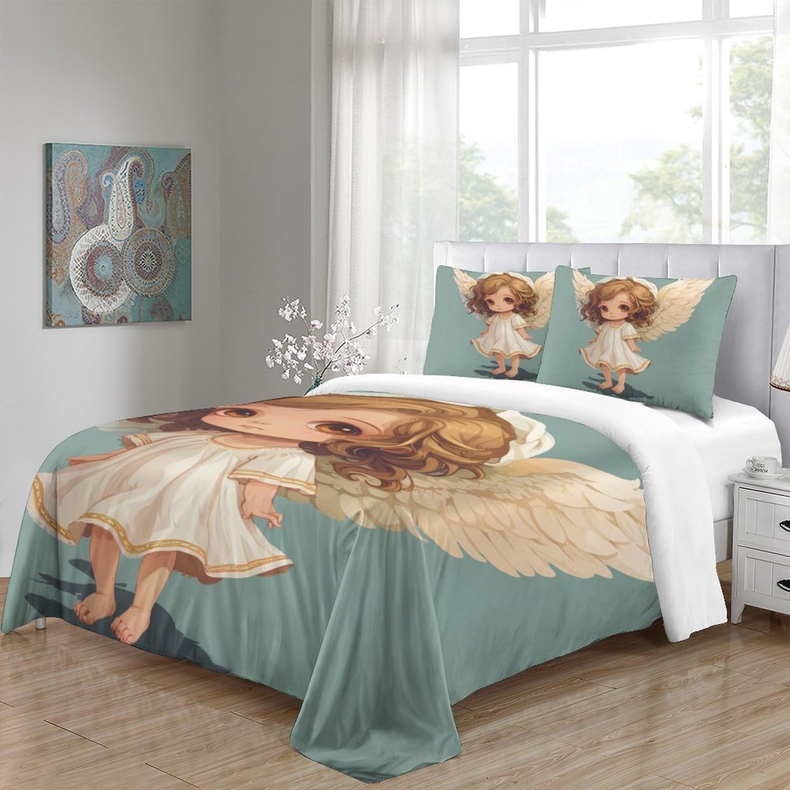 SorEci Angel with Wings Comforter Covers 3D Printed Cute Style Duvet Cover Quilt Cover Bedding Set Microfiber for Childrens and Adults with Pillowcases 3 Pieces with Zipper Closure Queen（228x228cm）