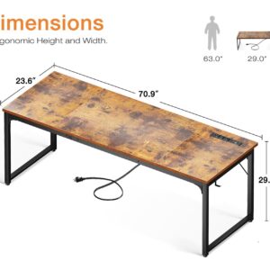 Coleshome 71 Inch Computer Desk with USB Ports, Large Office Desk, Long Study Student Writing Desk, Rustic Brown