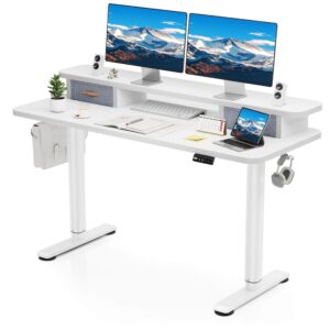 flycity electric standing desk with dual drawers, 55" x 24" height adjustable desk sit stand desk with memory controller, casters & 2 hooks, ergonomic low noise home office desk, white