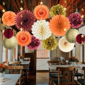 Fall Party Decorations Orange Burgundy Gold Paper Pom Poms Paper Fans Paper Lanterns Gold Satr Garland Banner for Fall Autumn Harvest Birthday Thanksgiving Party Supplies