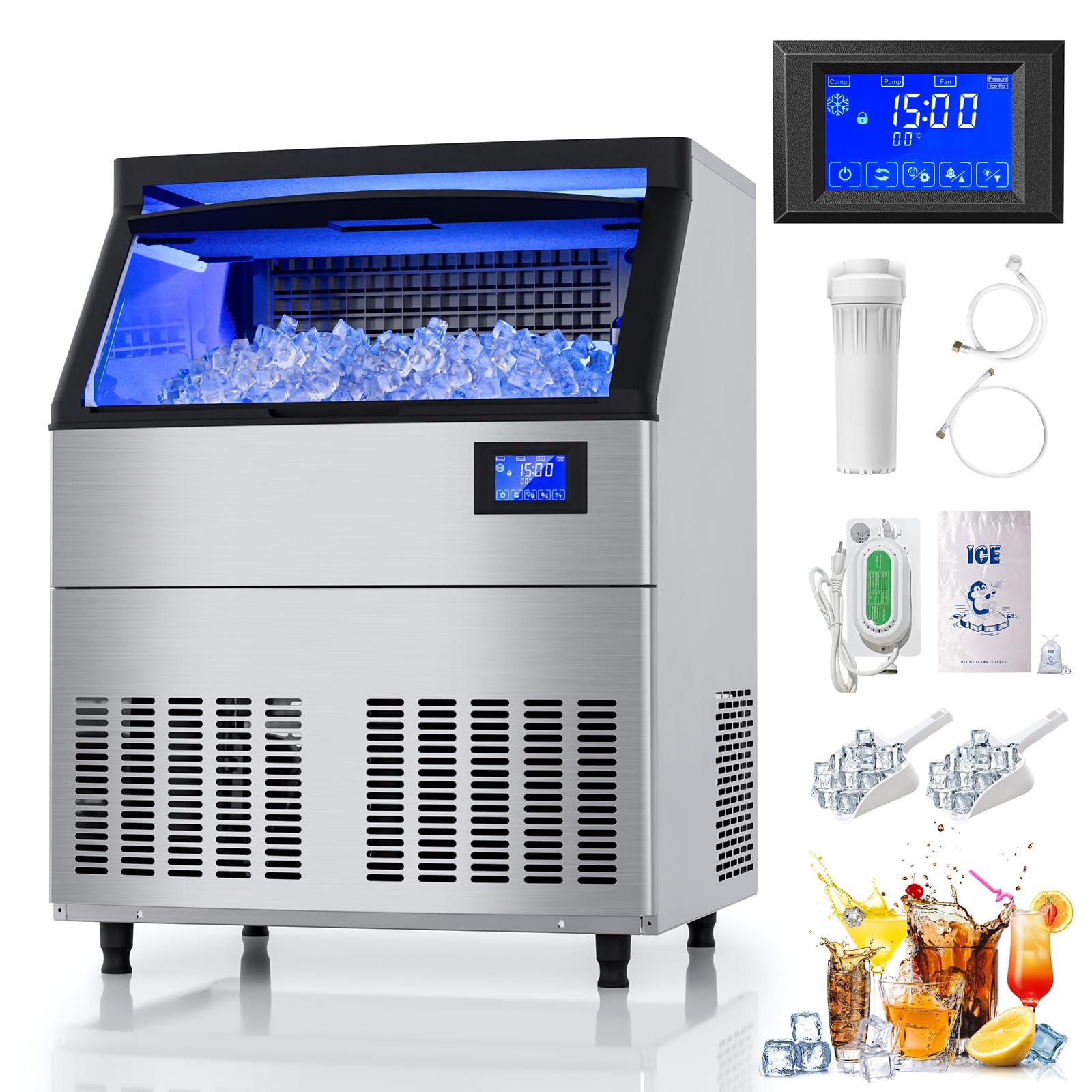 Commercial Ice Maker Machine 280Lbs/24H with 100Lbs Storage, 26" Undercounter Ice Maker, Stainless Steel, Powerful Compressor, Freestanding Cube Ice Machine for Bar/Restaurant/Home