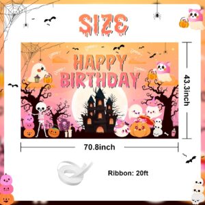 Lecheme Pink Halloween Birthday Backdrop Happy Birthday Halloween Banner Cute Halloween Backdrop for Girls Birthday Halloween Birthday Party Decorations