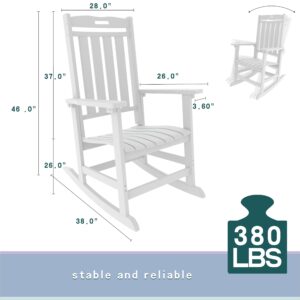 White Oversized Outdoor Rocking Chair, HDPE Outdoor Rocking Chair, Weather Prsistant Patio Rocking Chairs for Adult, White Porch Rocker for Backyard Patio Garden Porch 38" D x 27" W x 46" H