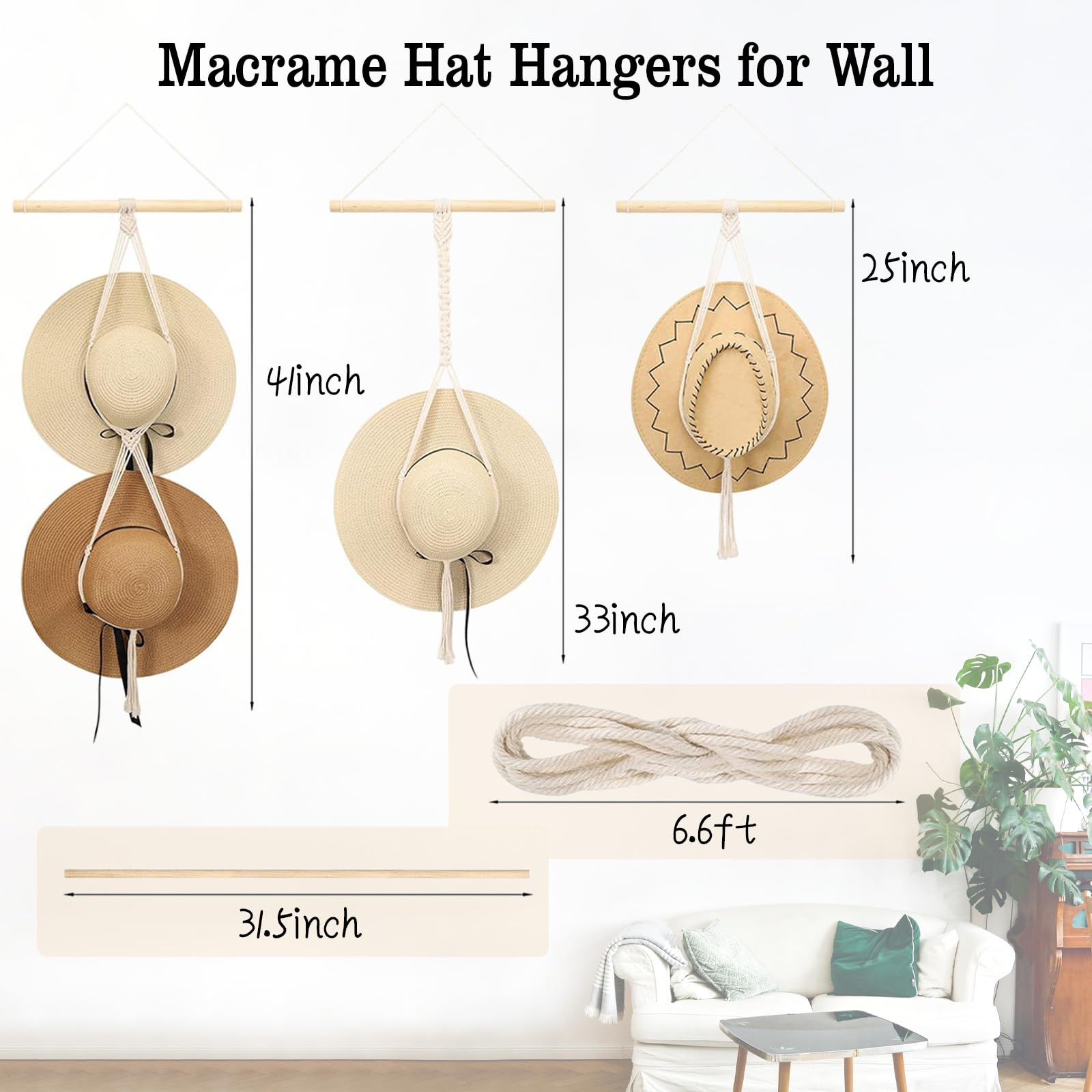 Pushaccas Macrame Hat Hangers for Wall - Boho Hats Rack Cowgirl Hat Holder on Wall, Western Bedroom Decor Hat Display Country Room Decor Gift for Women, 100% Natural Cotton, 41x31inch