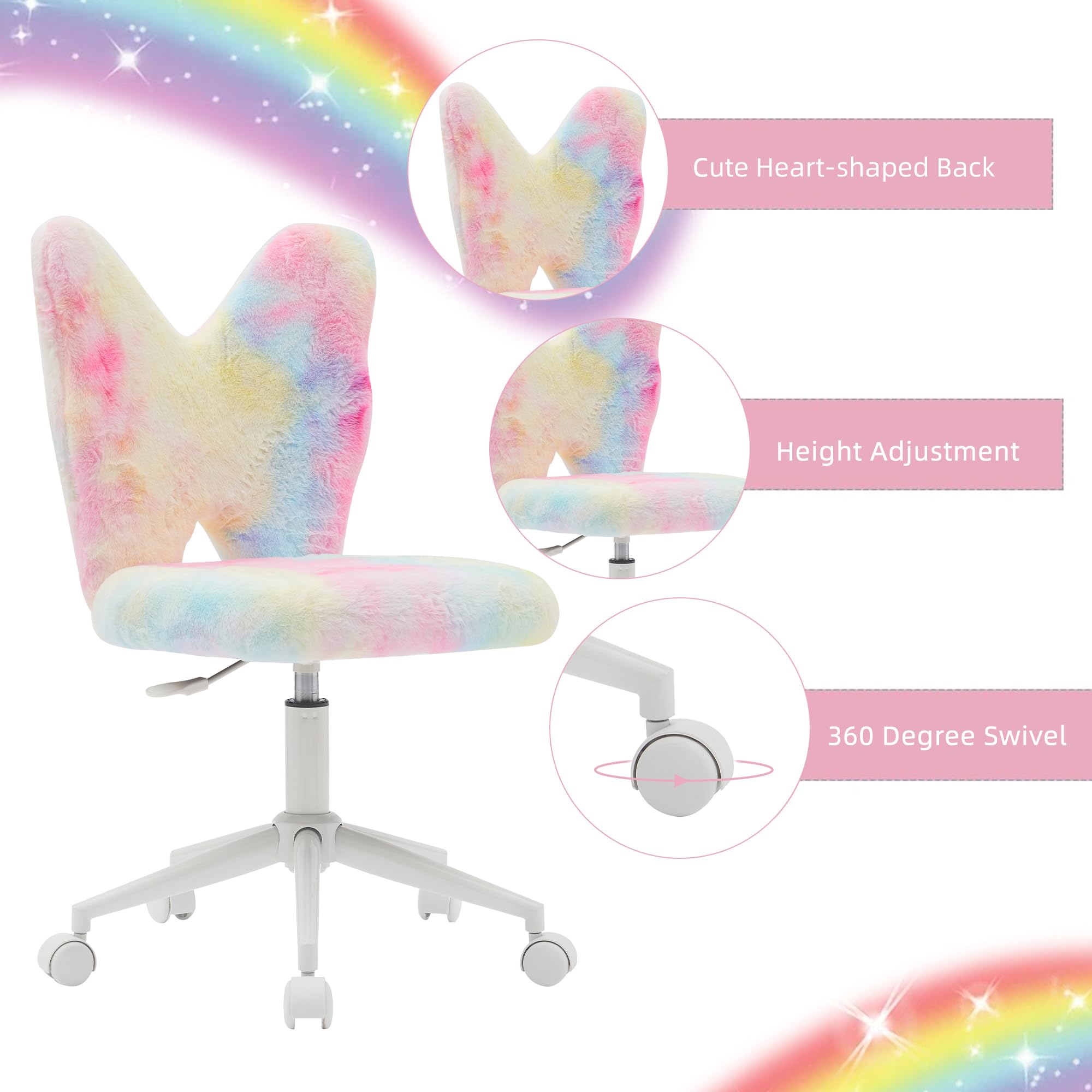 HONIFUR Kids Desk Chair, Adjustable Comfy Swivel Computer Chair with Wheels for Kids & Fuzzy Butterfly Shaped Back, Cute Girls Students Vanity Chair for Bedroom/Study