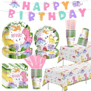 srua don dinosaur birthday party supplies girl - dinosaur party decorations tableware, paper plate, cup, napkins, tablecloth, cutlery, banner, pink dinosaur birthday baby shower decorations | serve 24