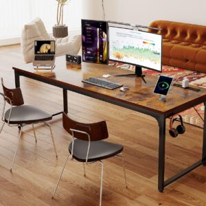 Coleshome 71 Inch Computer Desk with USB Ports, Large Office Desk, Long Study Student Writing Desk, Rustic Brown