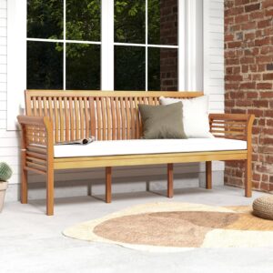 Tangkula Patio 3-Seat Wood Bench, 62.5 Inches Long Acacia Bench with Soft Seat Cushions, Ergonomic Backrest & Armrests, Outdoor Bench Seat for Balcony, Porch, Garden (Off White)