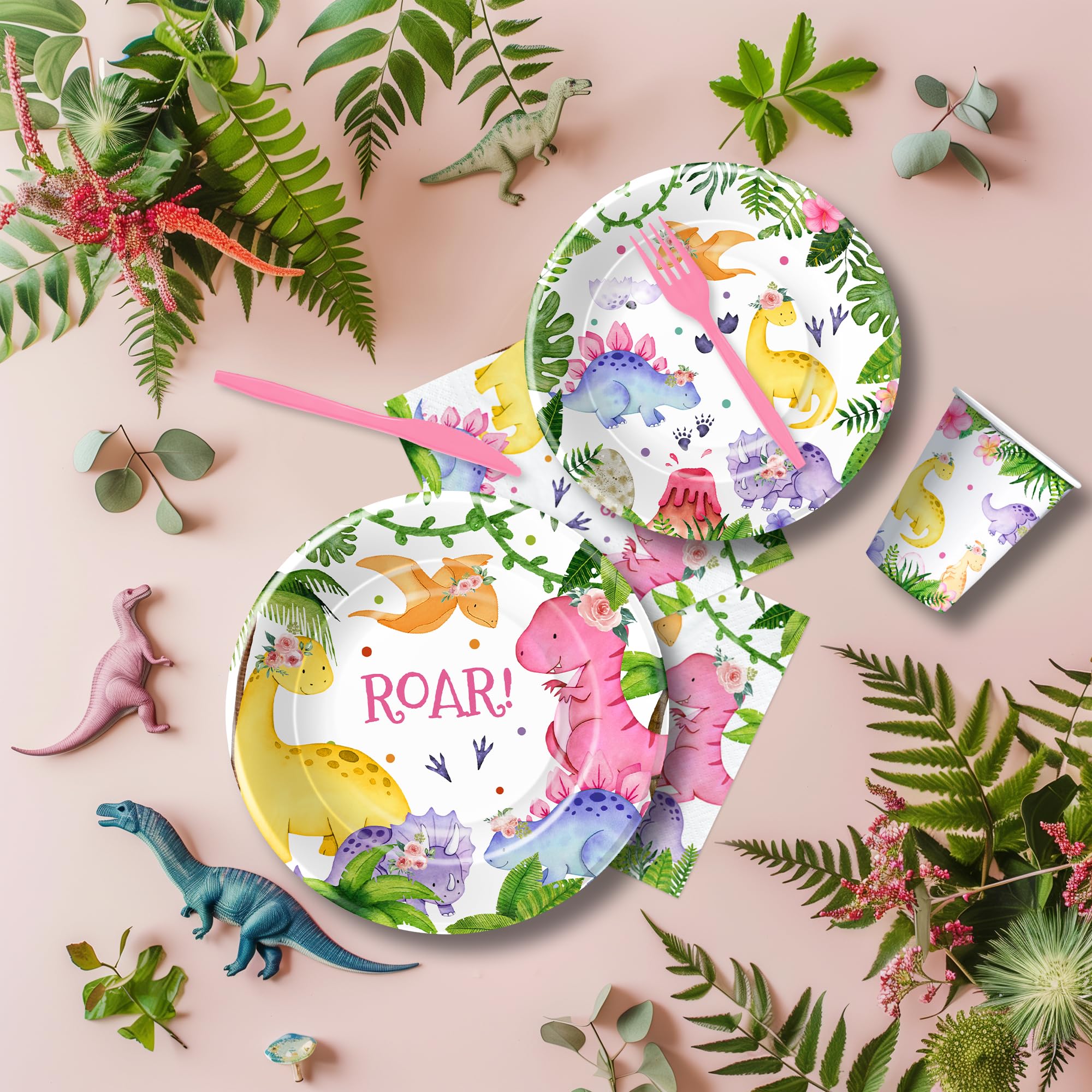 Srua Don Dinosaur Birthday Party Supplies Girl - Dinosaur Party Decorations Tableware, Paper Plate, Cup, Napkins, Tablecloth, Cutlery, Banner, Pink Dinosaur Birthday Baby Shower Decorations | Serve 24