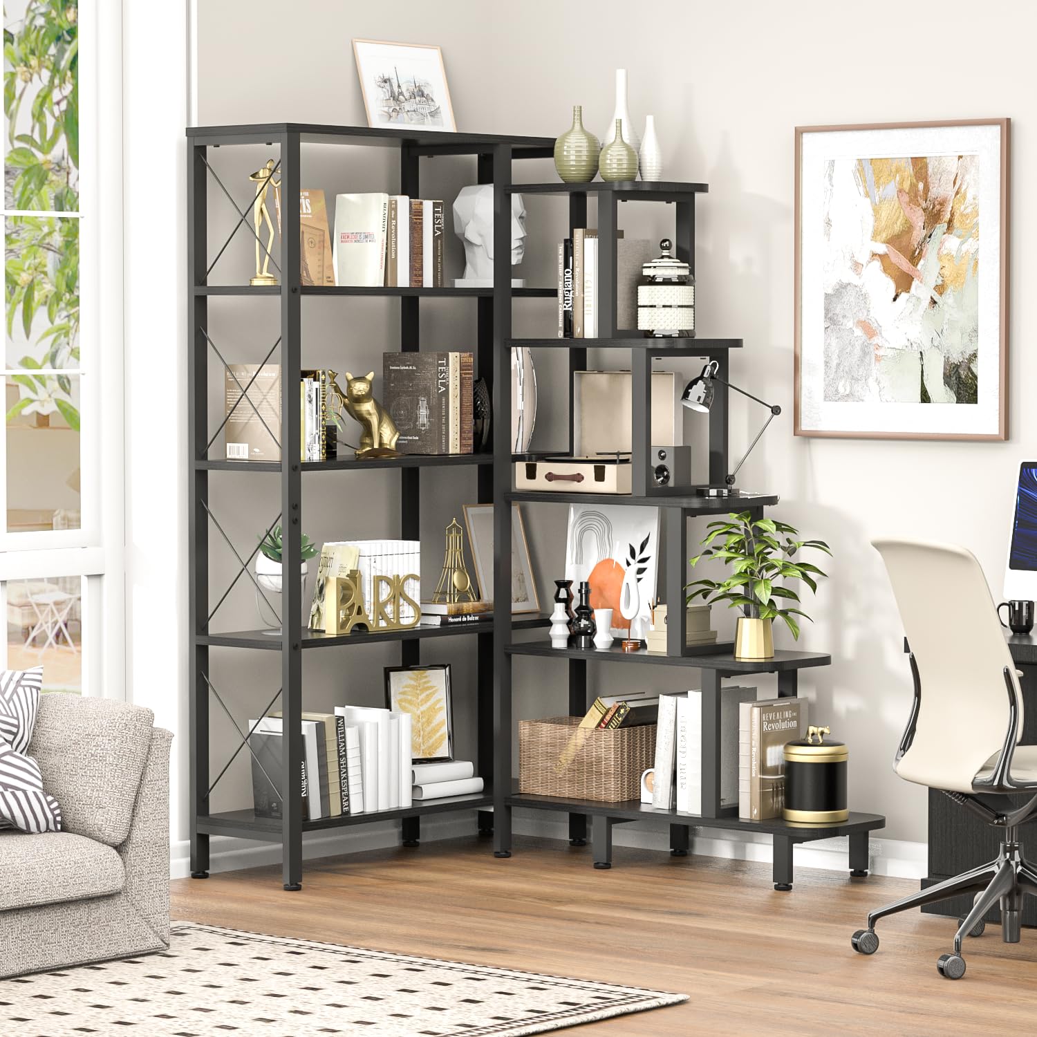 PONROL Corner Bookshelf Bookcase, Large Reversible 5 Tier Ladder Shelves Storage Display Rack with Metal Frame, Industrial Home Office Furniture for Living Room Bedroom, Black