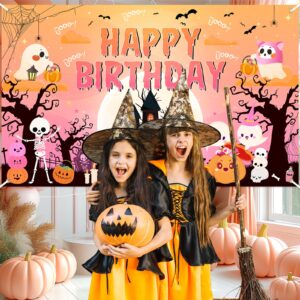 Lecheme Pink Halloween Birthday Backdrop Happy Birthday Halloween Banner Cute Halloween Backdrop for Girls Birthday Halloween Birthday Party Decorations