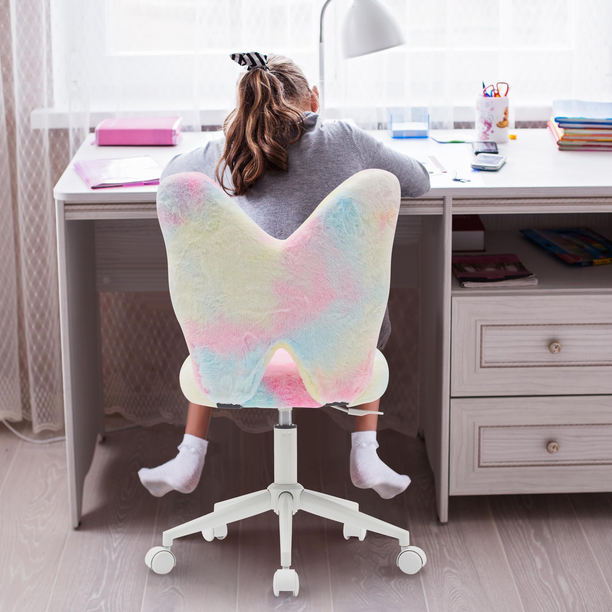 HONIFUR Kids Desk Chair, Adjustable Comfy Swivel Computer Chair with Wheels for Kids & Fuzzy Butterfly Shaped Back, Cute Girls Students Vanity Chair for Bedroom/Study