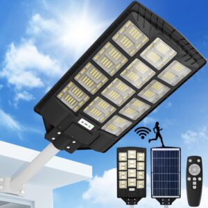 patiopia 5500w solar street lights outdoor, 888 leds 6500k solar parking lot lights dusk to dawn, ip67 waterproof solar motion sensor lights suitable for commercial street,yard, garden, parking lot