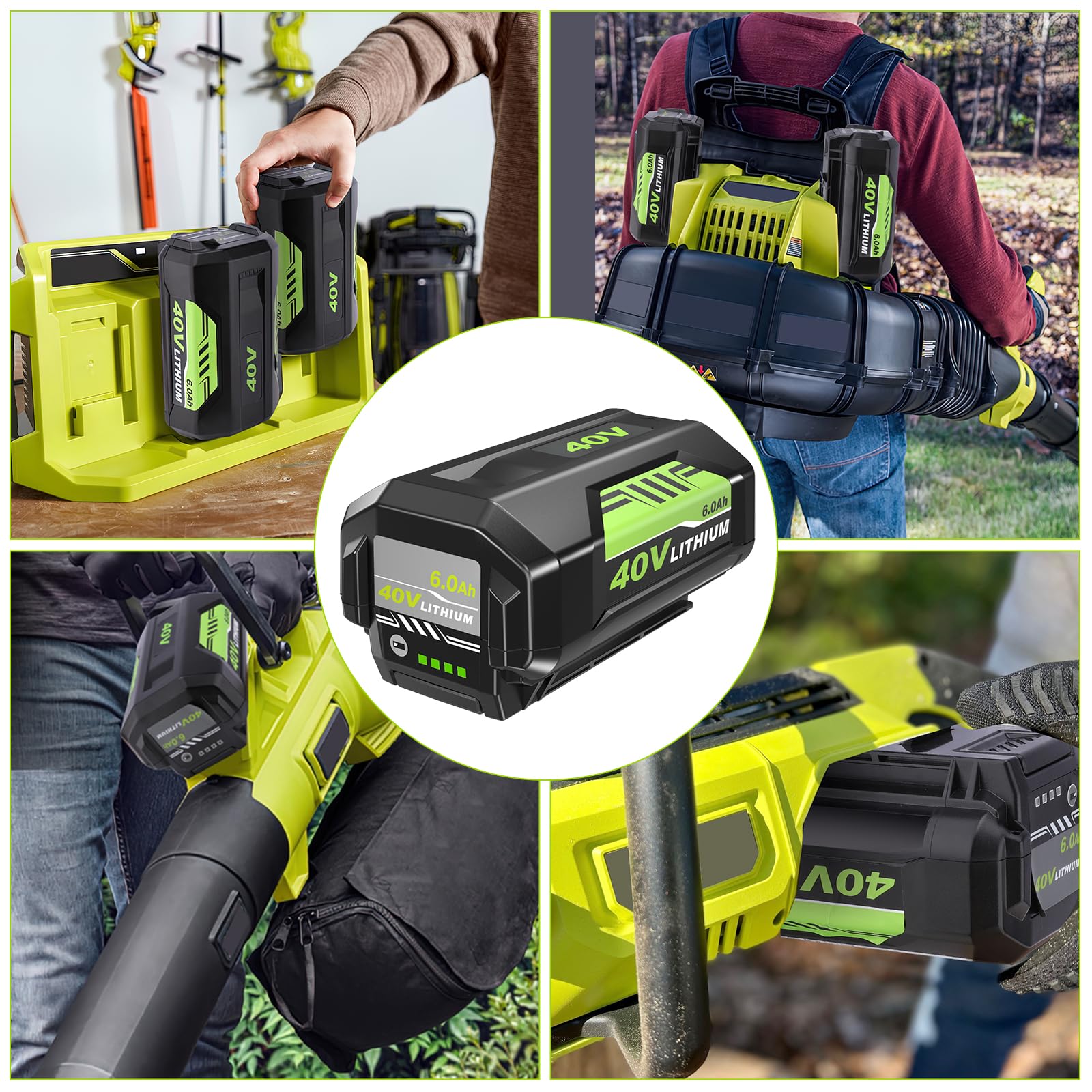 Upgraded 6.0Ah OP4026 Replacement for Ryobi 40V Battery OP40501 OP40602 OP4040 OP40401 6000mAh High Capacity 40 Volt Lithium-Ion Batteries Perfectly Compatible with Ryobi 40 V Power Tools & Charger