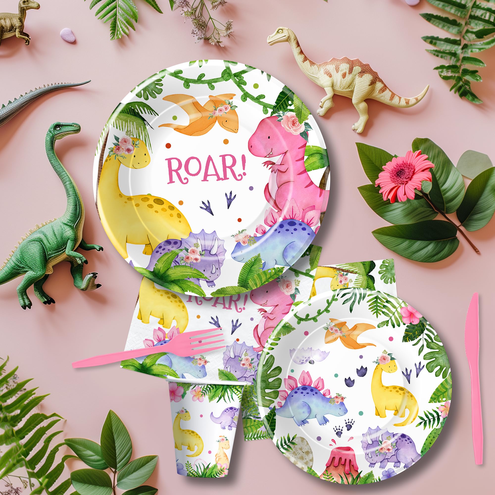 Srua Don Dinosaur Birthday Party Supplies Girl - Dinosaur Party Decorations Tableware, Paper Plate, Cup, Napkins, Tablecloth, Cutlery, Banner, Pink Dinosaur Birthday Baby Shower Decorations | Serve 24