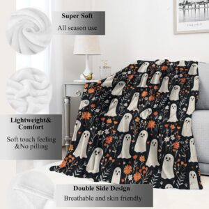 VODRM Spooky Ghost Blanket Cute Floral Autumn Flowers Throw Blankets Gifts for Kids Lightweight Soft Fleece Cozy for Sofa Couch Bed Room Travel Birthday Halloween Decor 50x60in