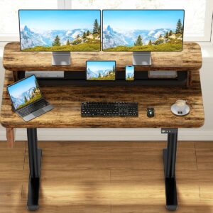 Flycity Electric Standing Desk with Dual Monitor Stand, Height Adjustable Desk Sit Stand Desk with Memory Controller, Casters & 2 Hooks, Low Noise Home Office Desk (Rustic Brown, 48" x 24")