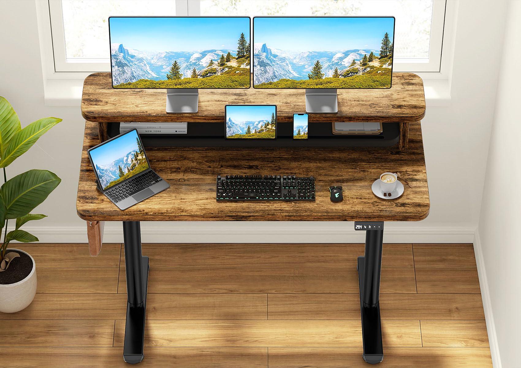 Flycity Electric Standing Desk with Dual Monitor Stand, Height Adjustable Desk Sit Stand Desk with Memory Controller, Casters & 2 Hooks, Low Noise Home Office Desk (Rustic Brown, 48" x 24")