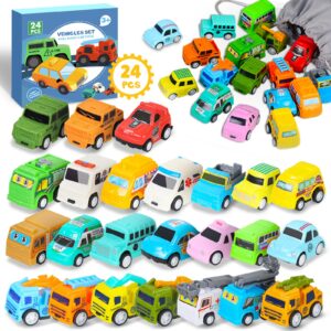 yihee 24 pieces pull back cars toy vehicles set, mini toys city cars and trucks, variety of vehicles and figures, small car with storage bag, party favors bulk birthday gift for boys girls kids