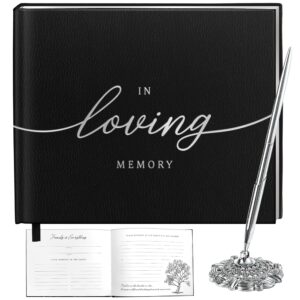 wpf supplies in loving memory funeral guest book 9¨x7¨, black funeral guest book for memorial service with silver pen and holder, memorial service guest book, funeral registry book