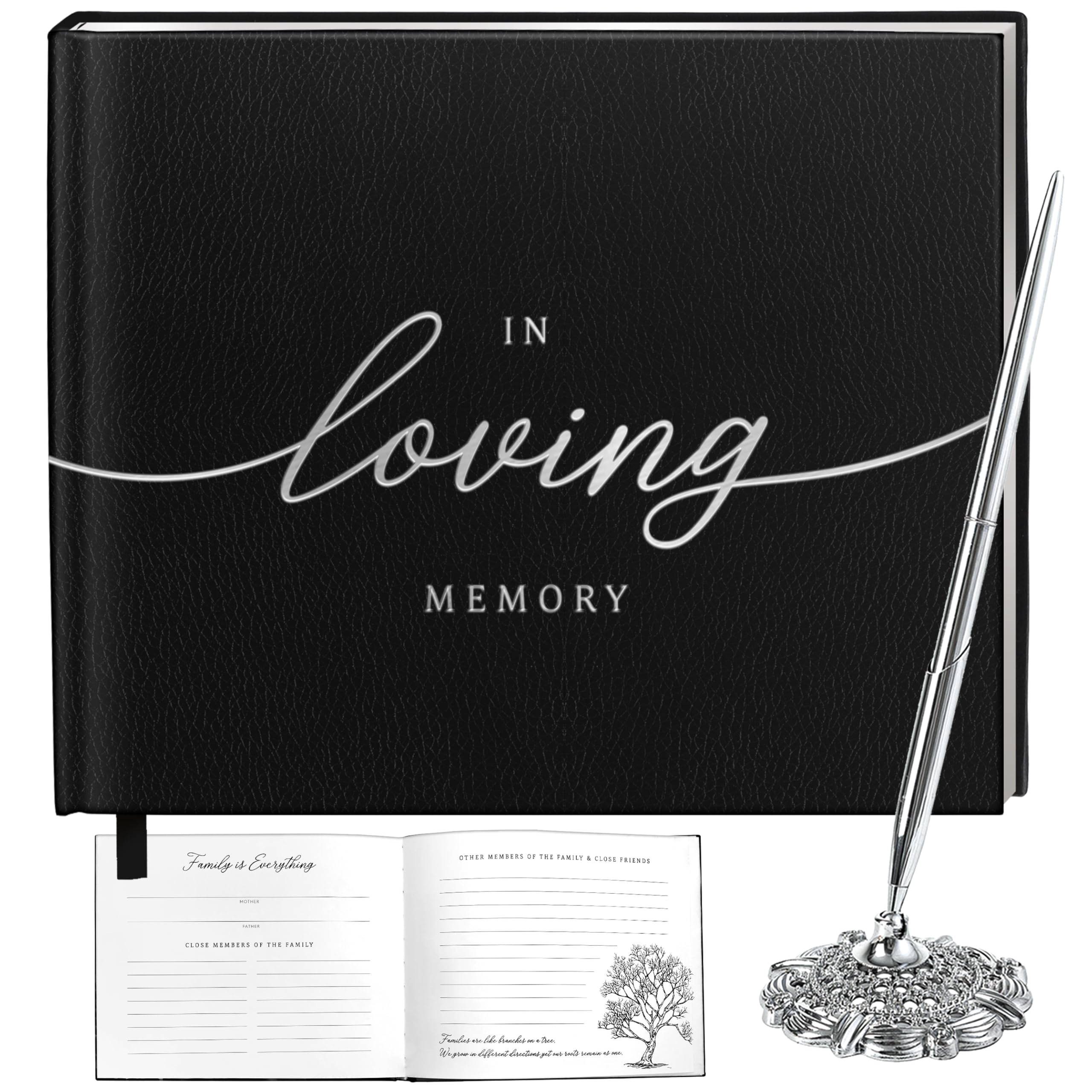 WPF Supplies in Loving Memory Funeral Guest Book 9¨x7¨, Black Funeral Guest Book for Memorial Service with Silver Pen and Holder, Memorial Service Guest Book, Funeral Registry Book