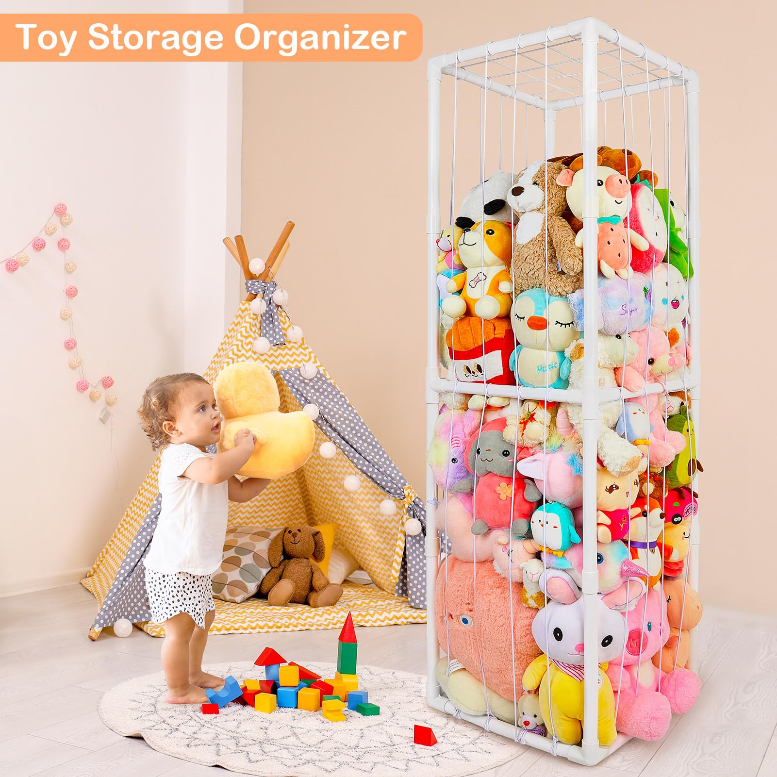 FIOBEE Stuffed Animals Storage Zoo Thicken PVC Tube Kids Toy Storage Organizer with Elastic Band Large Stuffed Animals Holder for Nursery Playroom Bedroom Room Furniture Plush Storage, White