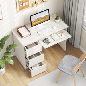 Giantex White Computer Desk with Power Outlet, Modern Office Desk with Keyboard Tray & 3 Large Drawers, 42" Writing Desk Vanity Table with Type-C & USB Ports for Bedroom, White